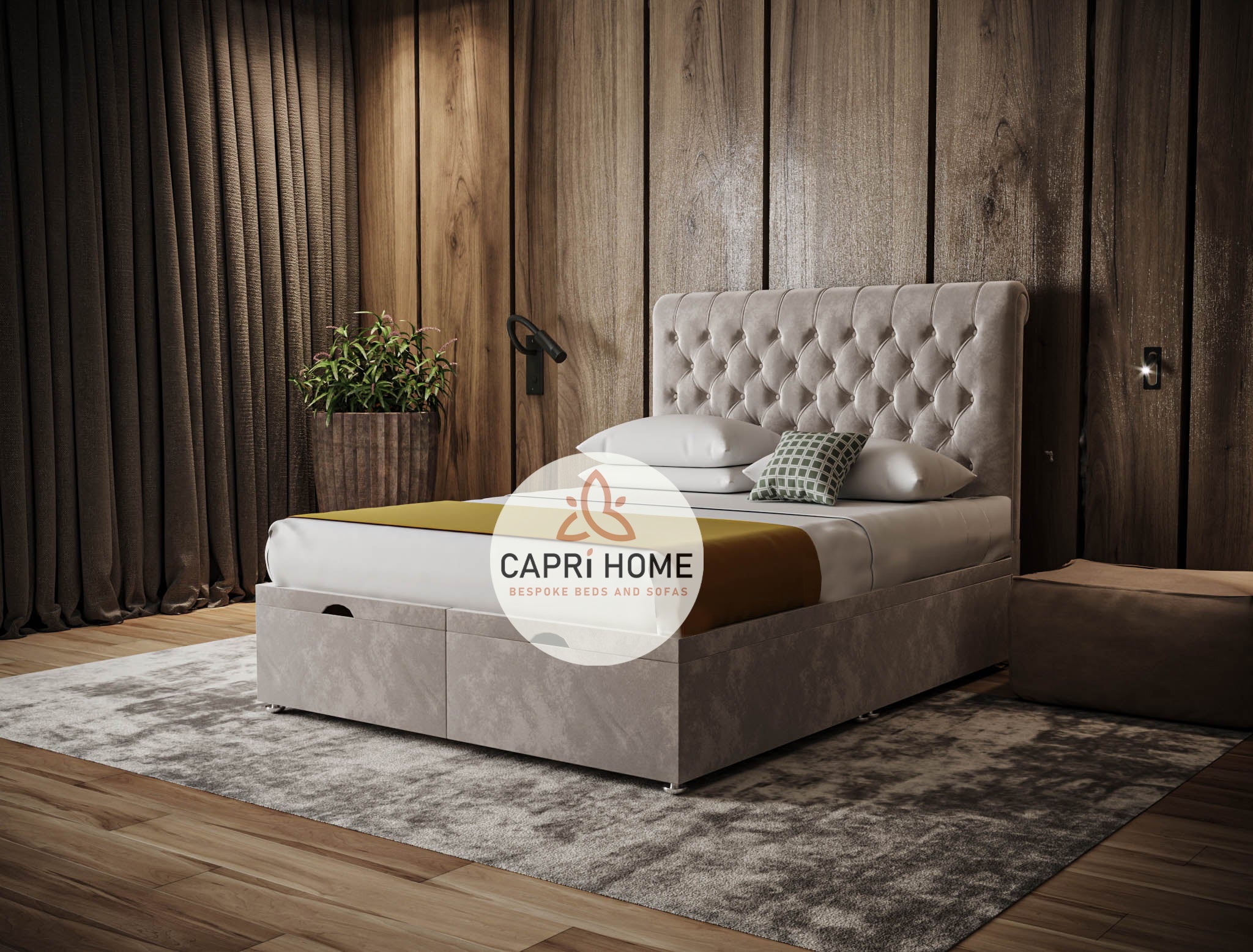 Dina Chesterfield Sleigh Scroll Upholstered Divan Ottoman Bed - Capri Home