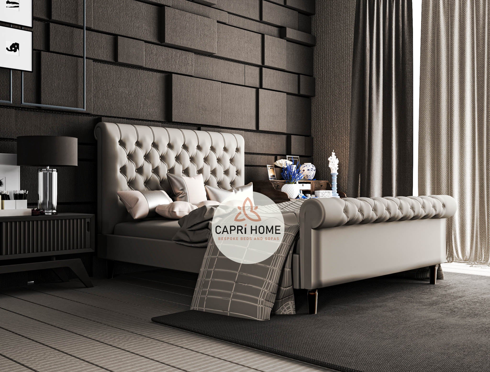 Jenny Scroll Cream Upholstered Chesterfield Sleigh Bed - Capri Home